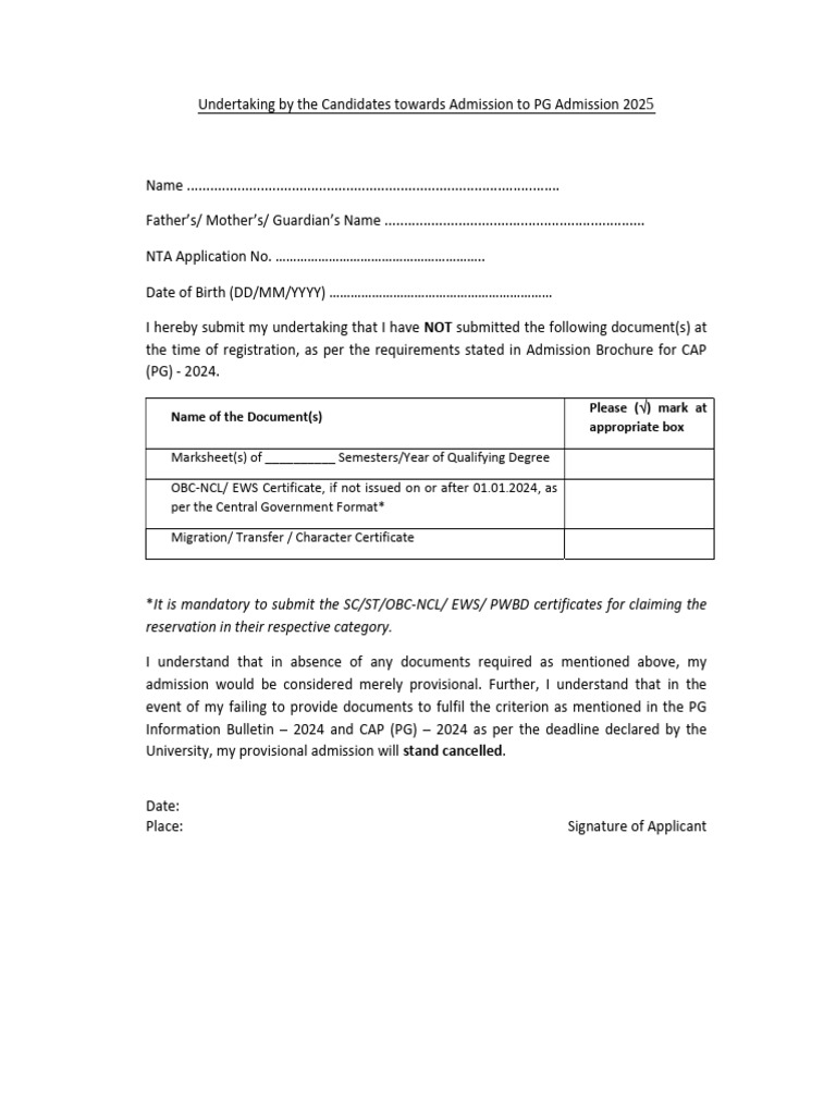 Undertaking Format PG 2024 | PDF