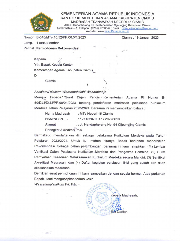 Surat Rekomendasi Kurikulum Merdeka | PDF