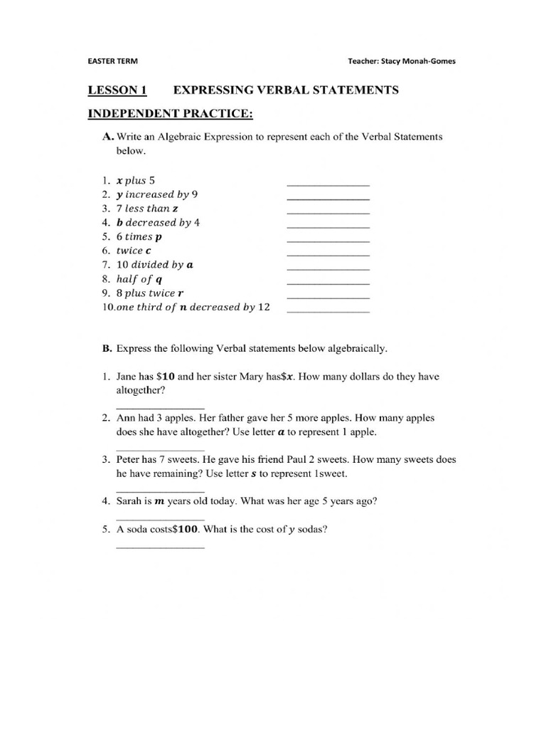Writing Algebraic Expressions 2 | PDF