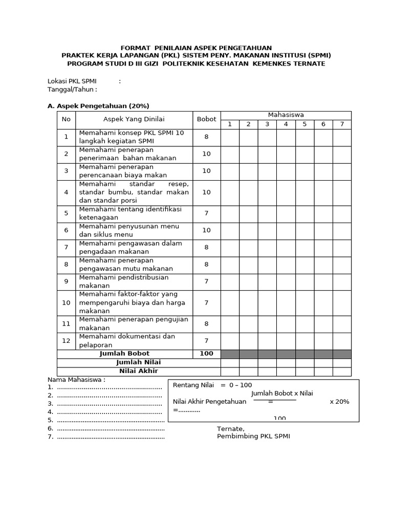 Formulir Penilaian PKL SPMI 2025 | PDF