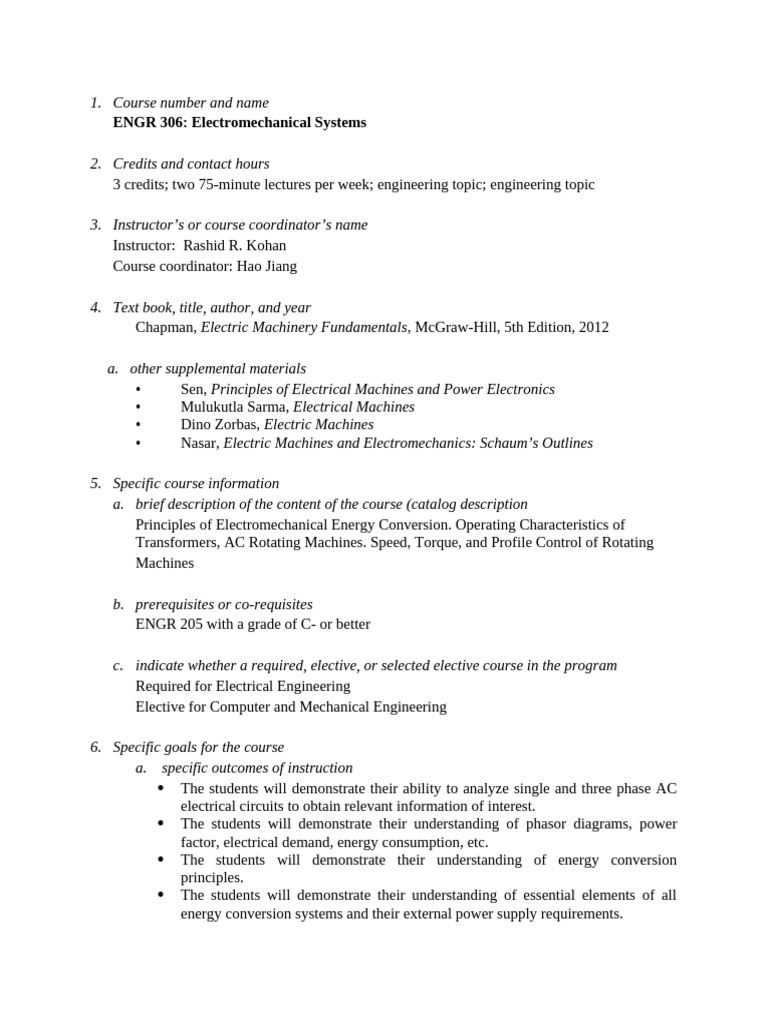 ENGR 306 Electromechanical Systems Course Syllabus | PDF | Transformer ...