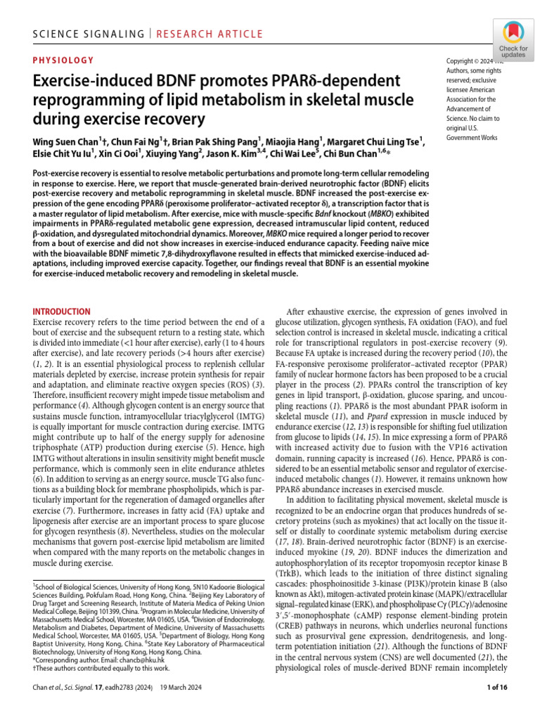 SCIENCE - Exercise-induced BDNF promotes PPARδ-dependent reprogramming ...