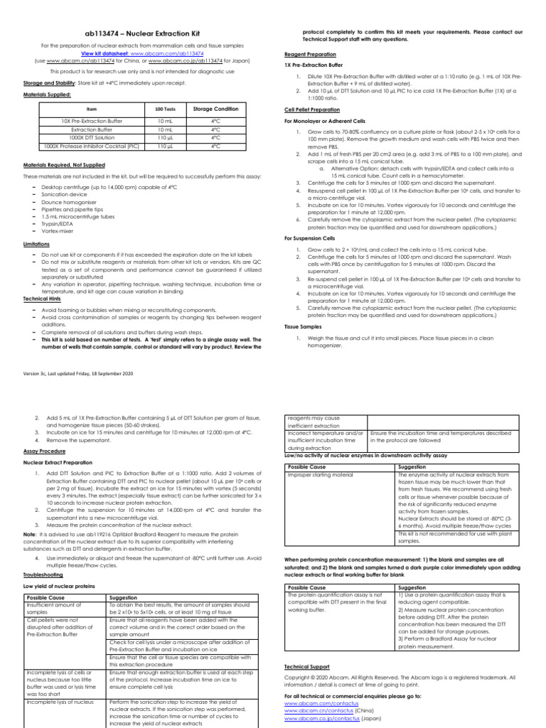 Nuclear Extraction Kit Protocol Book | PDF | Centrifuge | Protein Purification