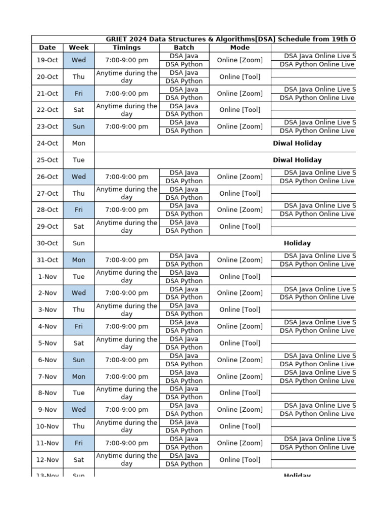 GRIET 2024 DSA Java & Python Schedule From 19th Oct To 16th Dec 2022 | PDF