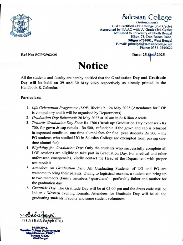 Notice For Graduation Day & Gratitude Day | PDF