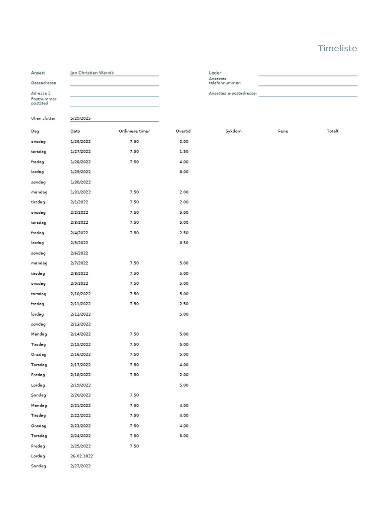 Timeliste Januar-Februar 2022 | PDF