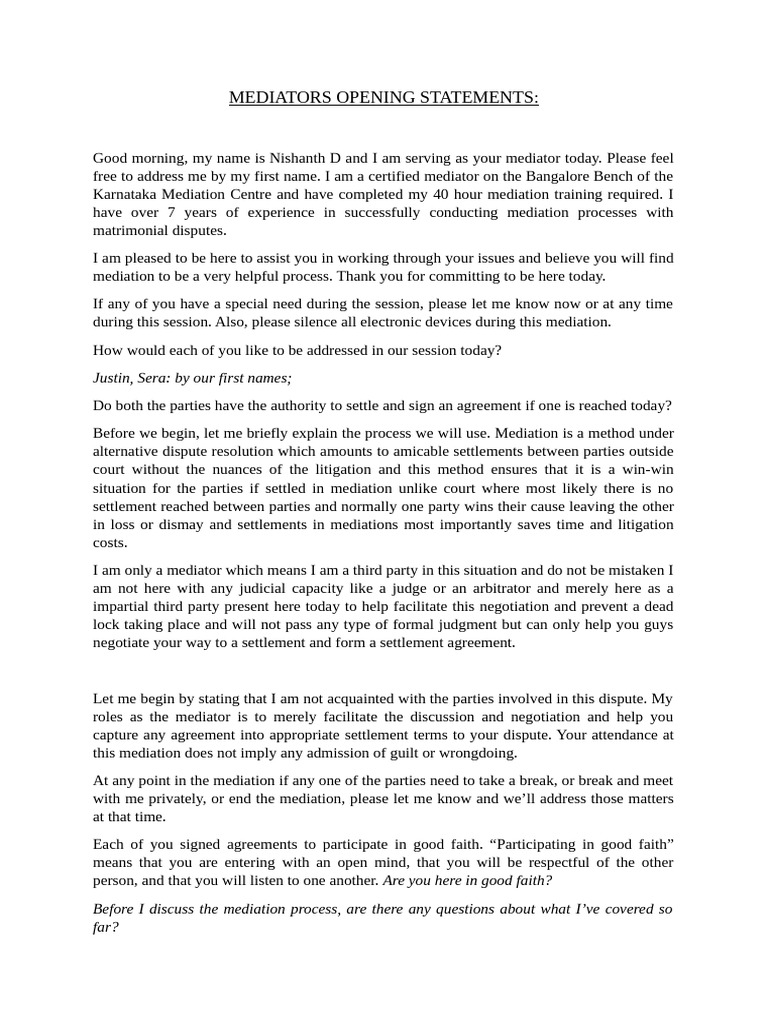 Mediators Opening Statements | PDF | Mediation | Alternative Dispute ...