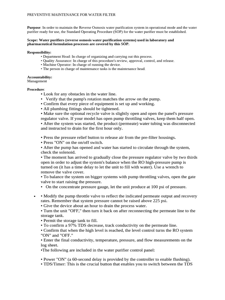Water Filter Maintenance Procedures | PDF | Membrane | Sodium Hydroxide