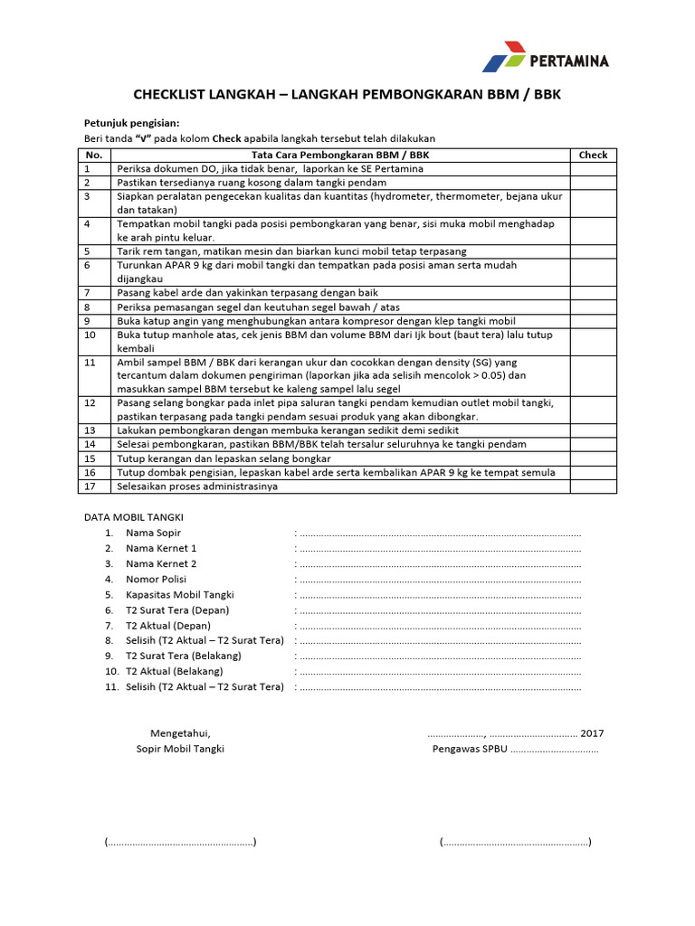 LMP-Checklist Pembongkaran BBM Di SPBU-20!04!2017 - 125357875 | PDF