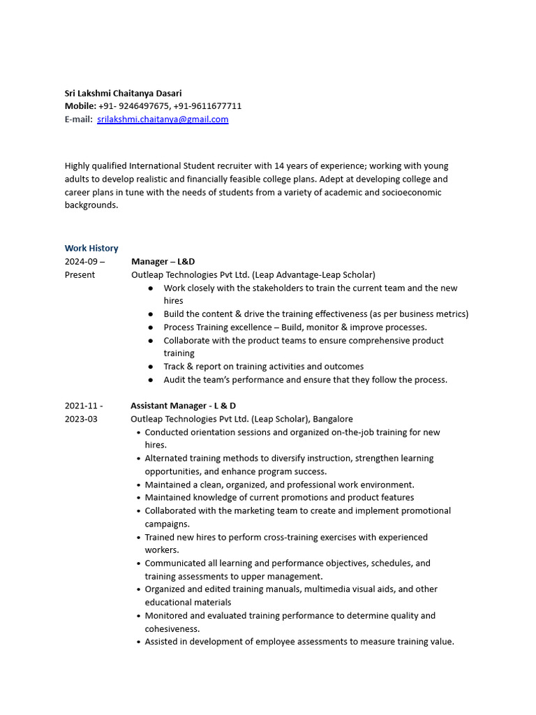 Resume - Sri Lakshmi Chaitanya | PDF | Learning | Time Management