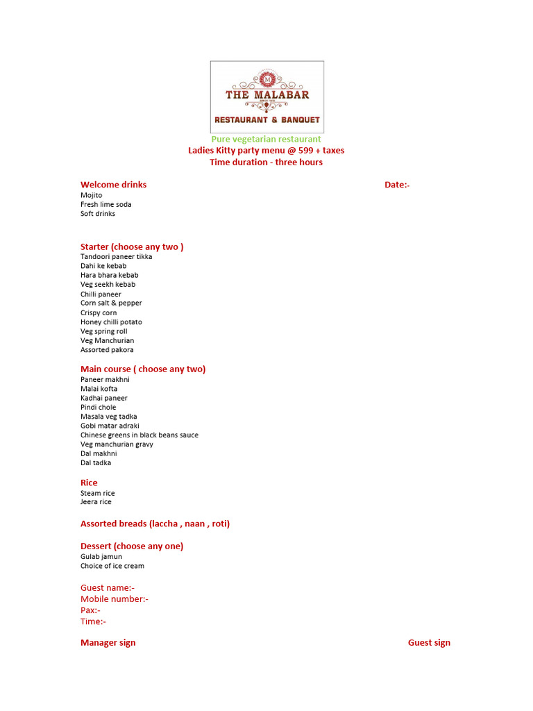 The Malabar Kitty Party Menu | PDF