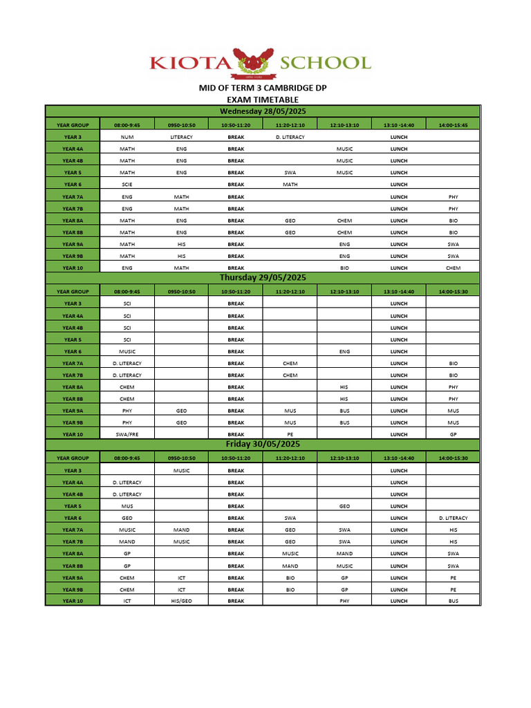 Mid Term Timetable (3) - DP | PDF