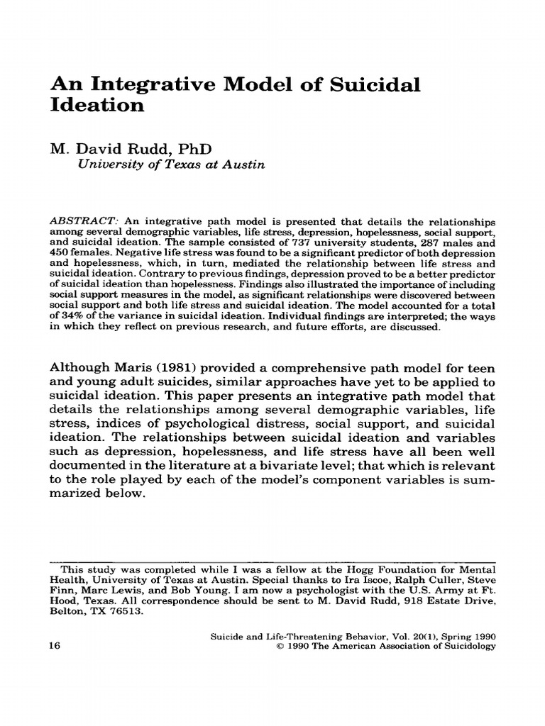 An Integrative Model of Suicidal Ideation: David Rudd, PHD | PDF ...