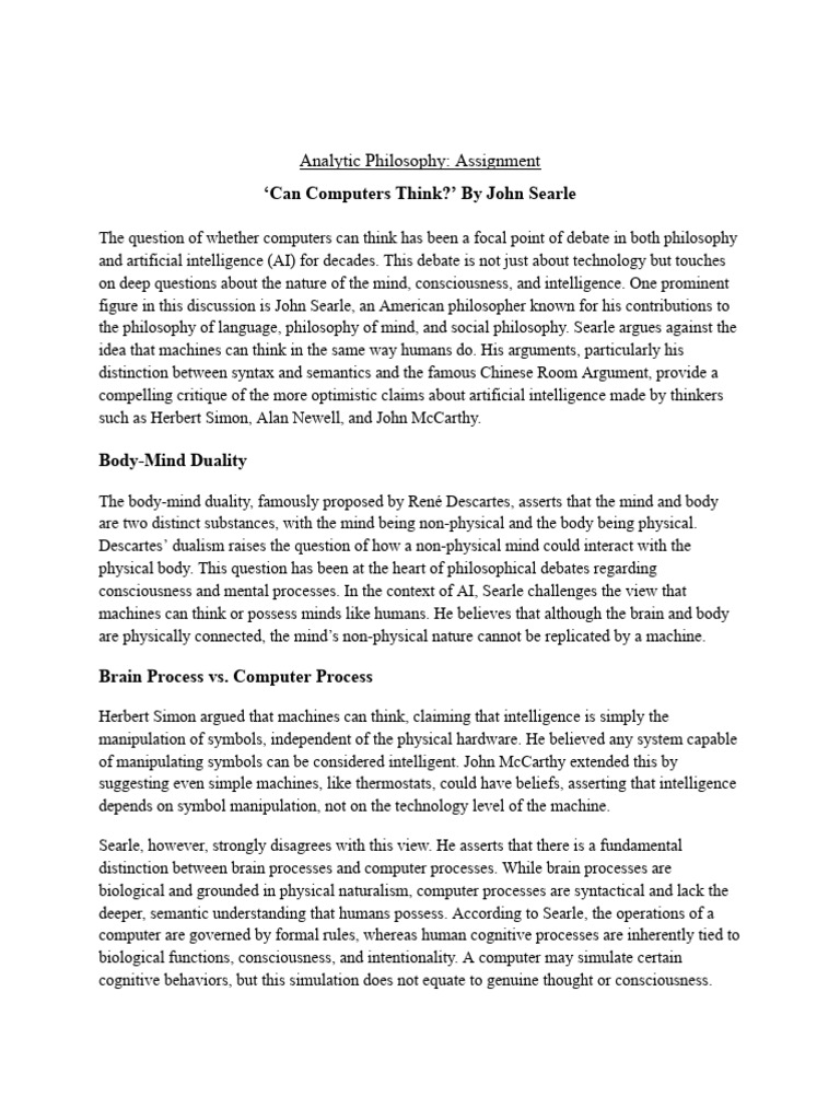 Searle's Argument: Can Computers Think? | PDF | Philosophy Of Mind ...