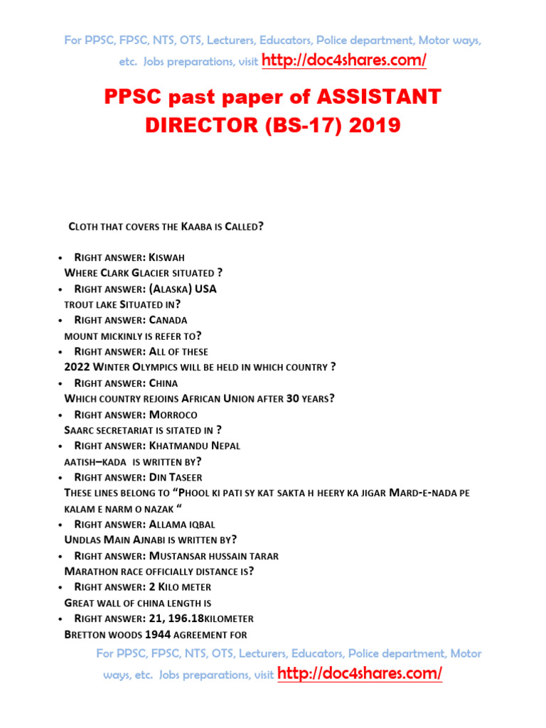 PPSC Past Paper of ASSISTANT DIRECTOR (BS-17) 2019 | PDF