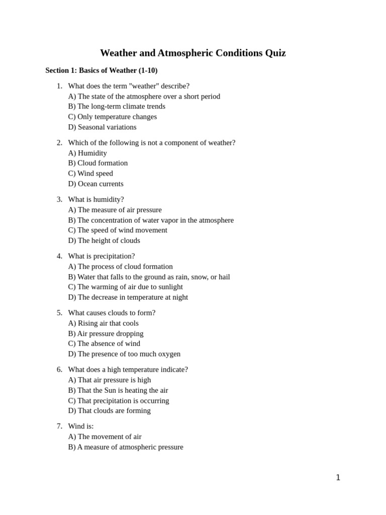 Weather and Atmospheric Conditions Quiz | PDF | Atmosphere Of Earth ...