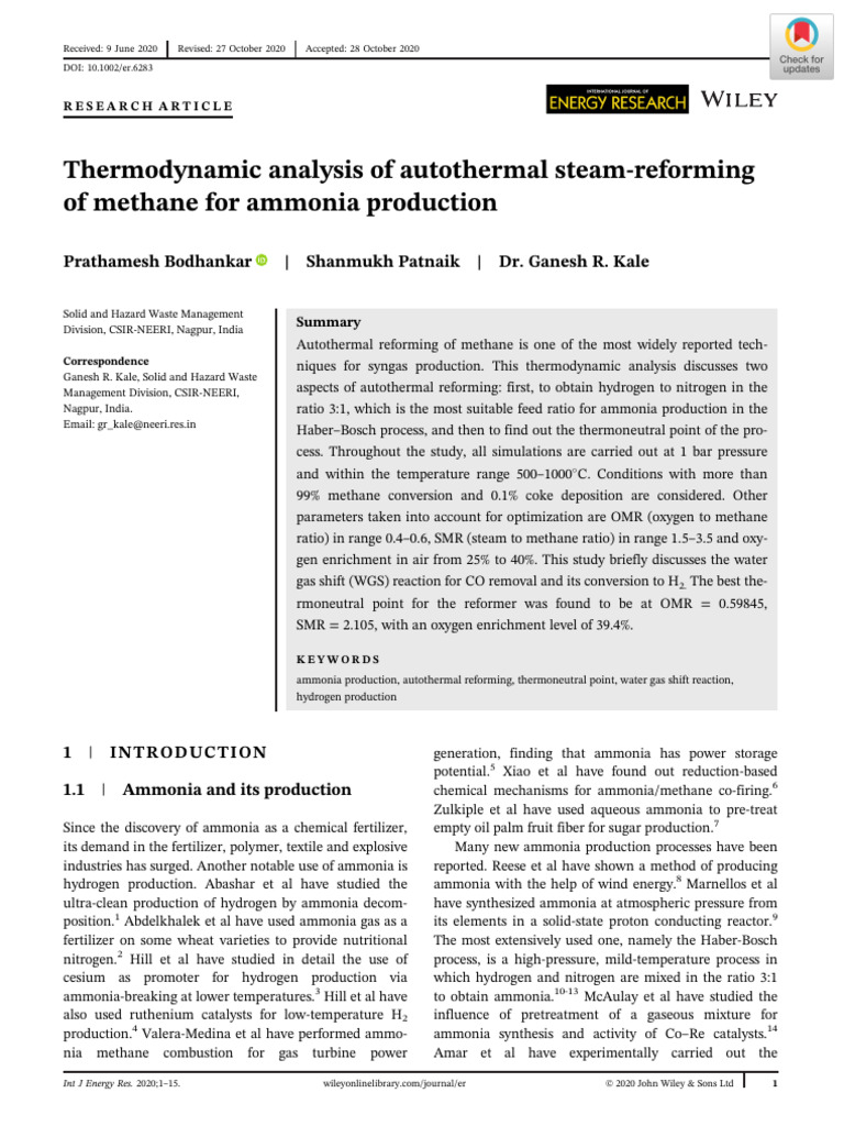 Thermodynamic Analysis of AutoThermal SMR For Ammonia Production | PDF ...
