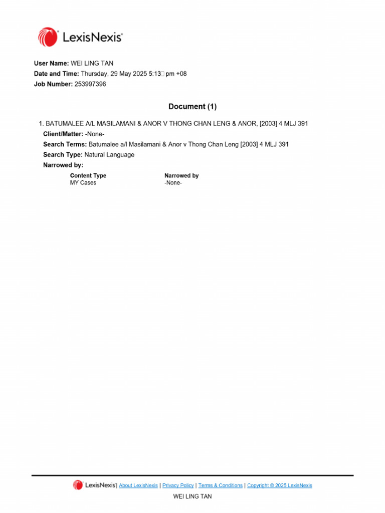 (6K) Batumalee A - L Masilamani & Anor V Thong Chan Leng & Anor, (2003) 4 MLJ 391 | PDF