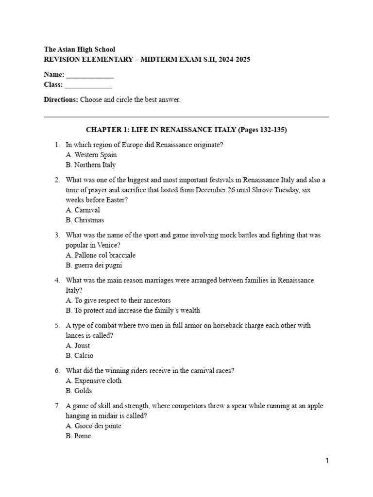 History Revision Test - Question Sheet | PDF | Renaissance