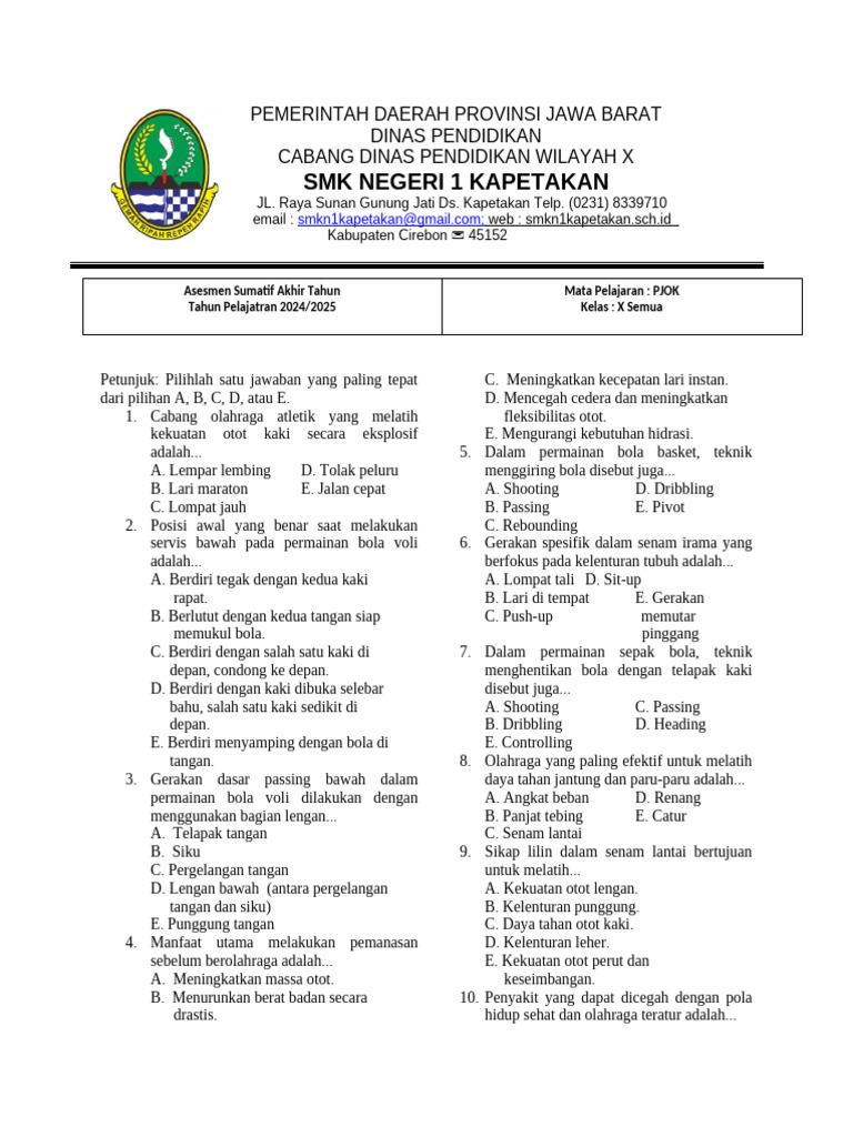 Soal ASAT PJOK Kelas 10 Juni 2025 | PDF