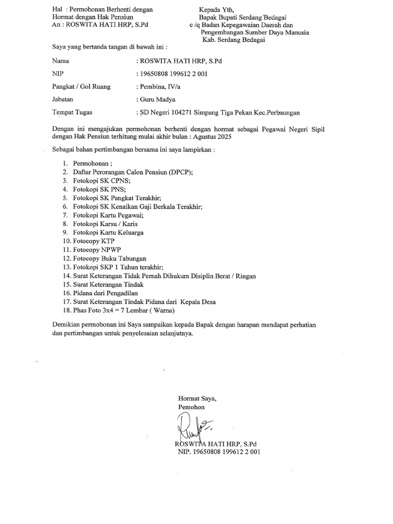Berkas Pensiun Roswita Hati HRP, S.PD | PDF