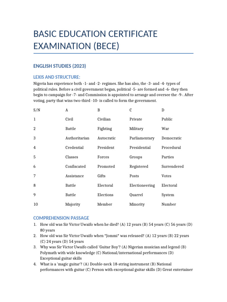 BECE 2023 English Questions & Answers | PDF