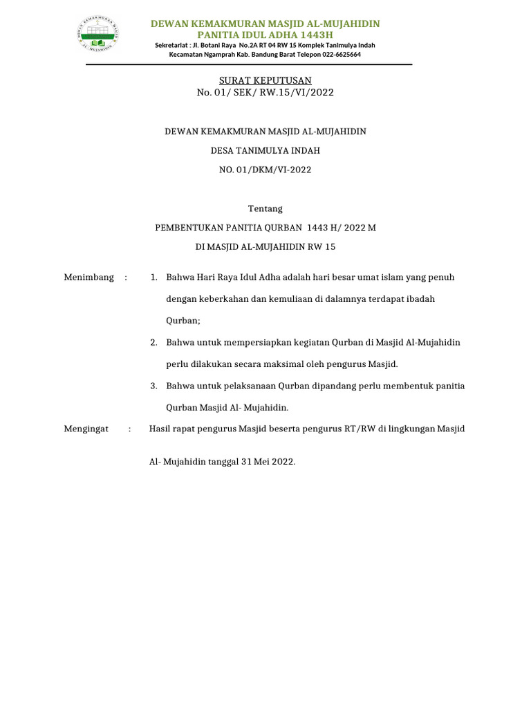 Surat Keputusan Panitia 1443 H | PDF