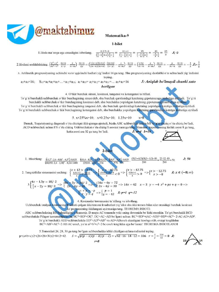 9 Matematika Namuna 1 | PDF
