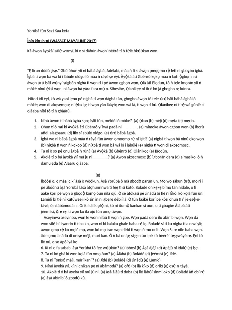 Yorùbá Fún Sss1 Saa Keta | PDF