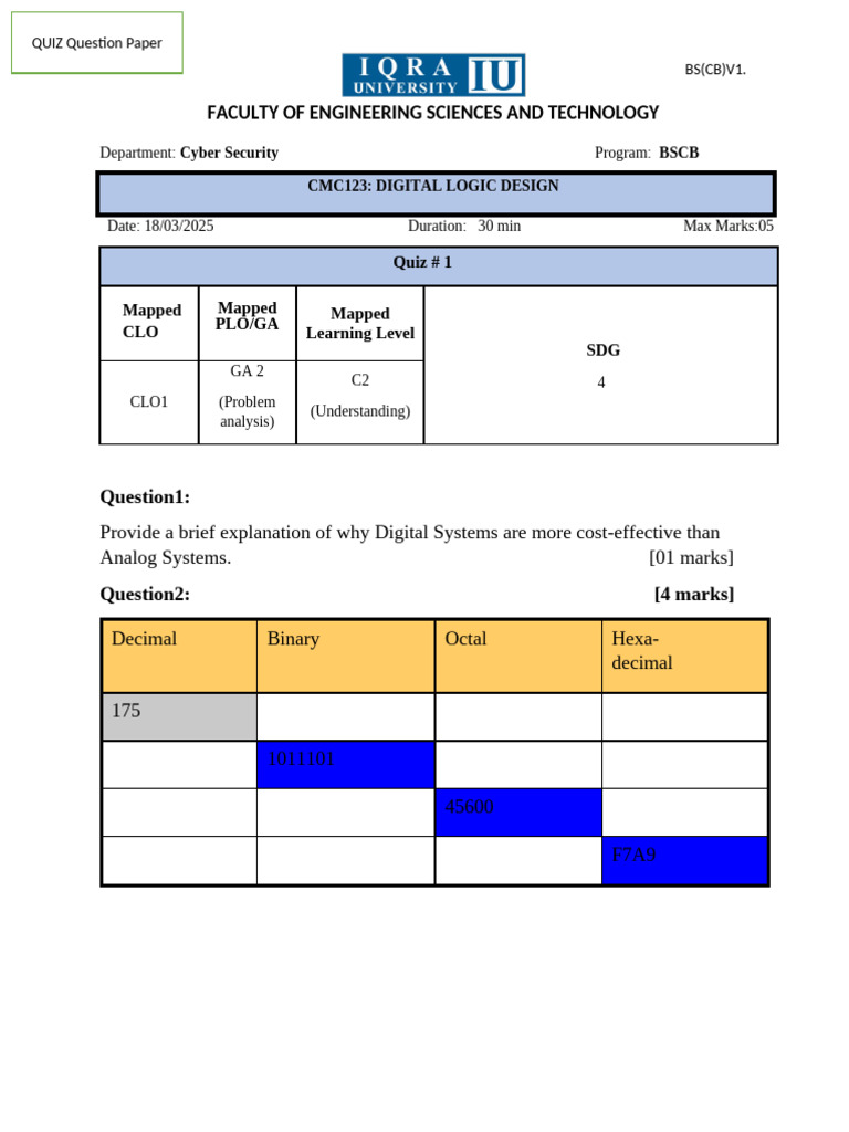 DLD QUIZ - 1-Cyber-2025-II | PDF | Analogue Electronics | Digital Electronics