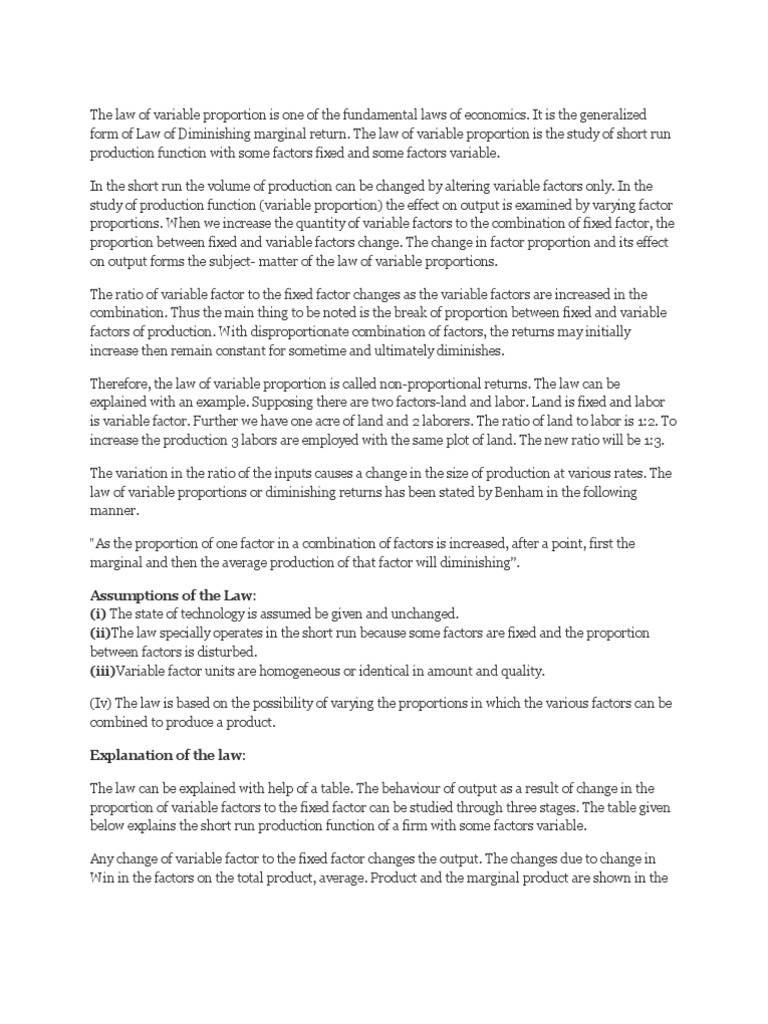 The Law of Variable Proportion | PDF | Production Function | Labour ...