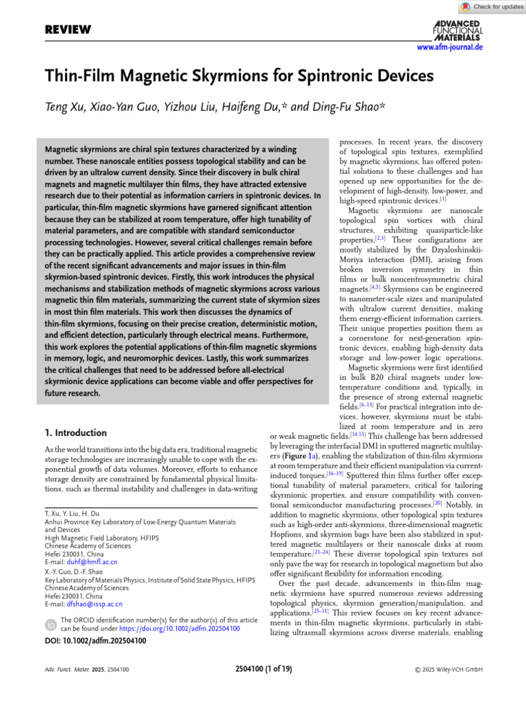 Adv Funct Materials - 2025 - Xu - Thin Film Magnetic Skyrmions For Spintronic Devices | PDF ...