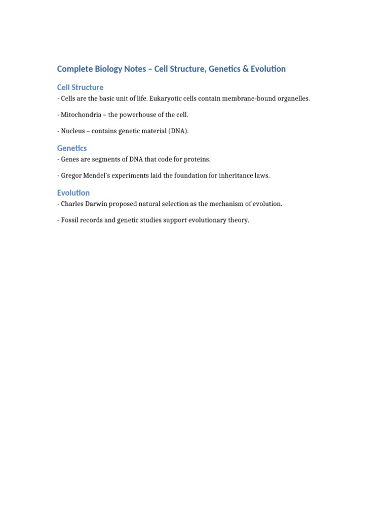 Complete Biology Notes Cell Structure Genetics Evolution | PDF