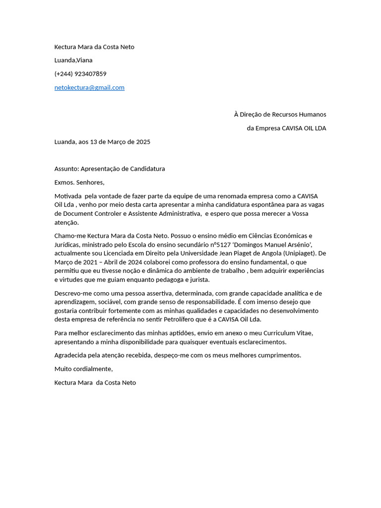 Candidatura de Kectura Mara à CAVISA Oil | PDF