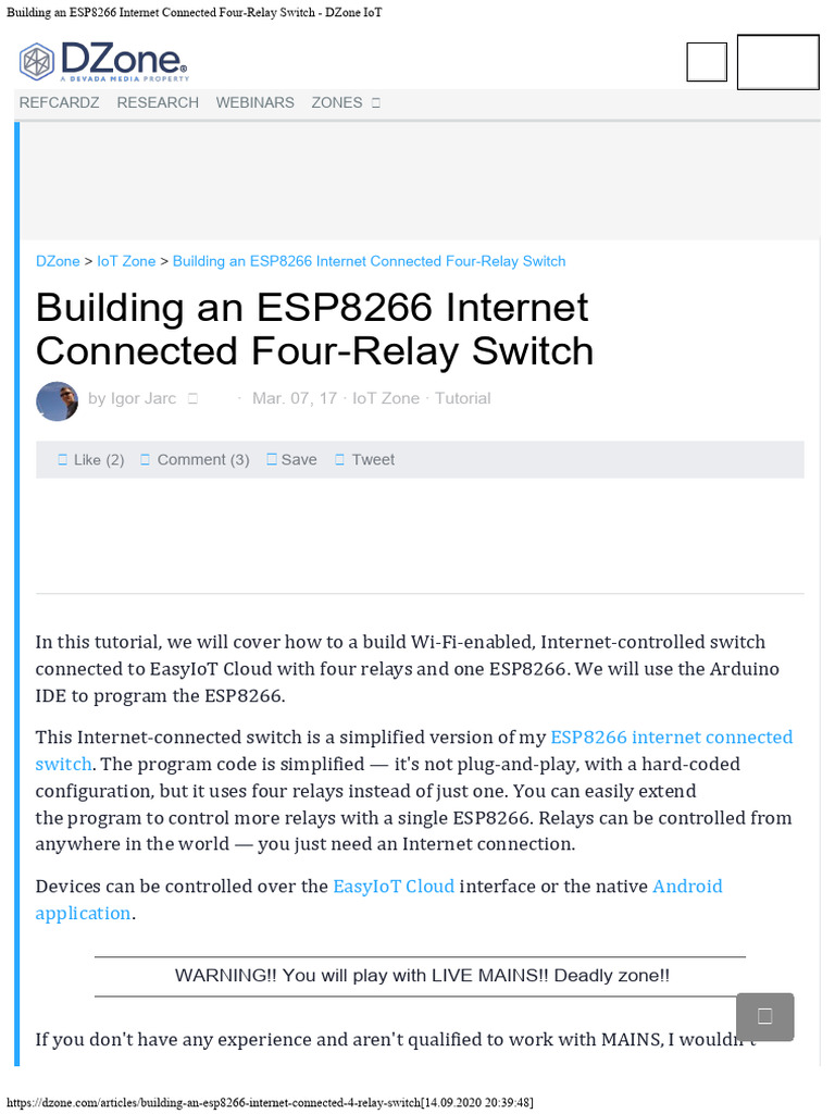 Building An ESP8266 Internet Connected Four-Relay Switch - DZone IoT | PDF | Arduino | Internet ...