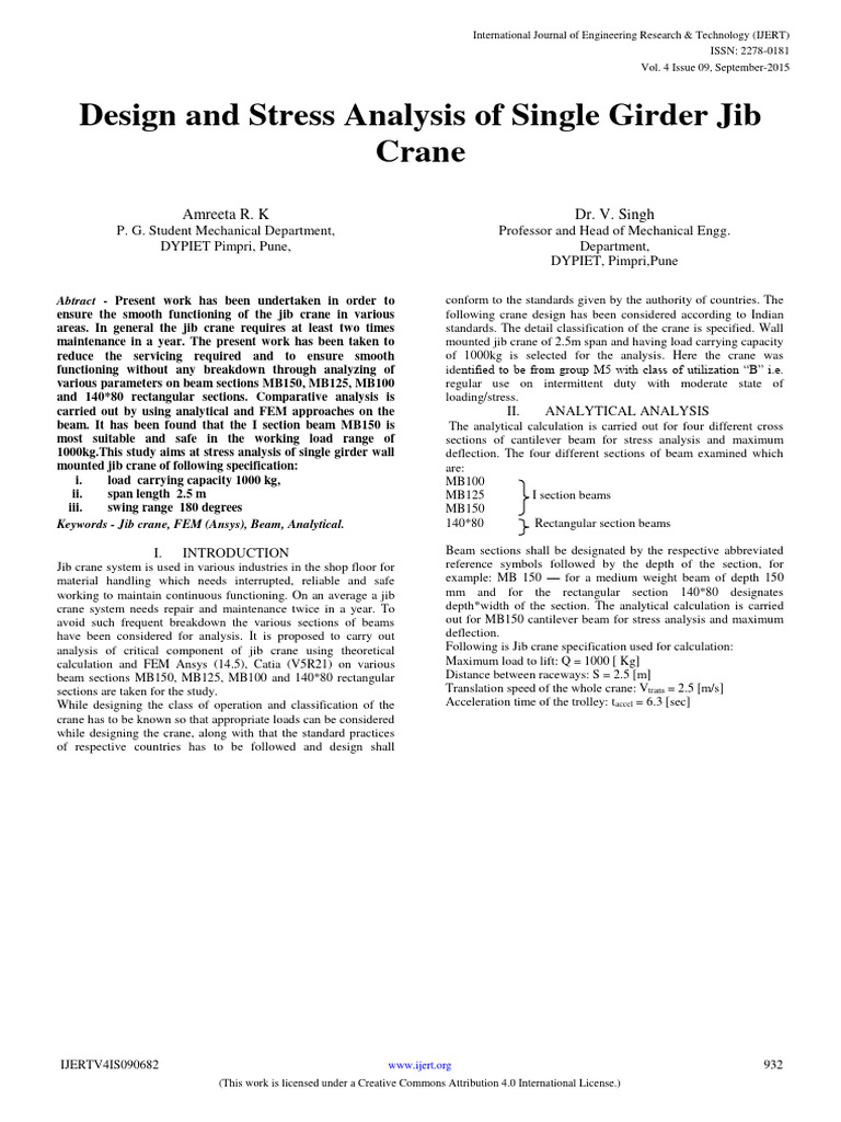 IJERT Design and Stress Analysis of Sing | PDF | Beam (Structure) | Crane (Machine)