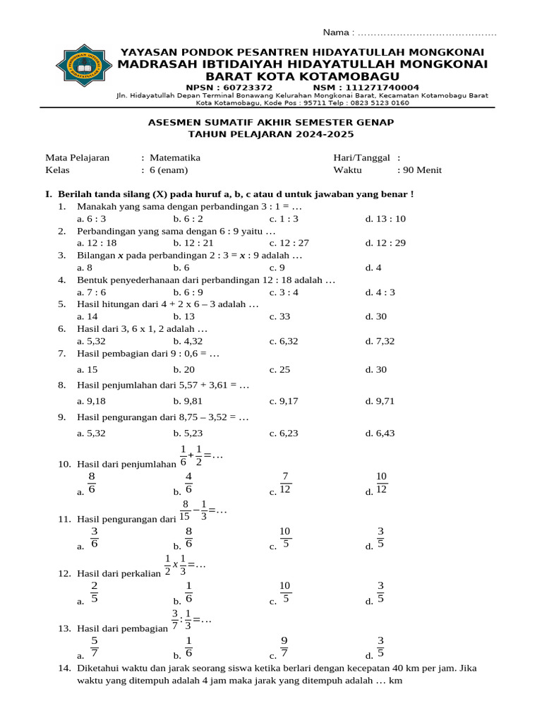 Soal Semester Genap Matematika Kelas 6 Tahun 2024-2025 | PDF