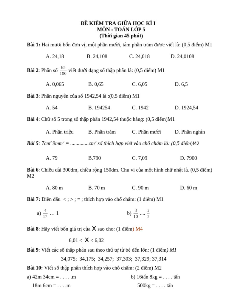 De Thi GK1 Mon Toan 5 Nam 2023 de 1 | PDF