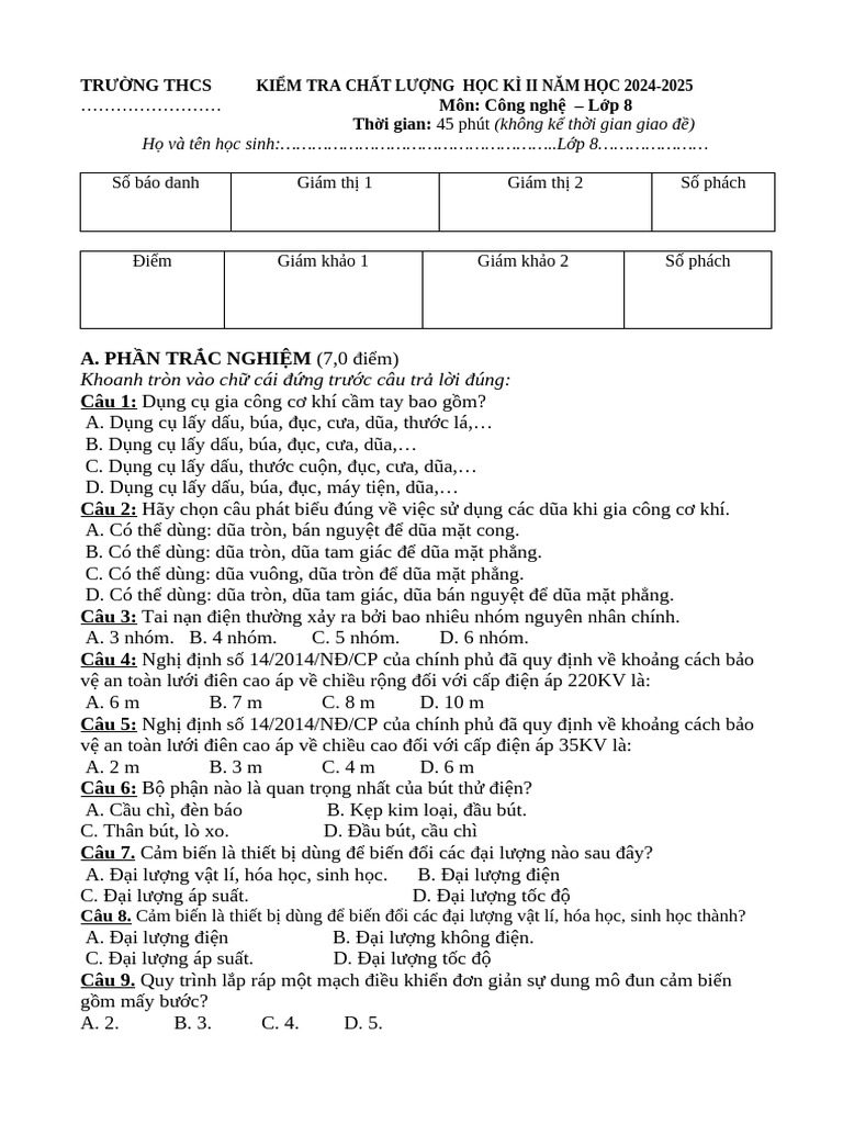 Đề kiểm tra công nghệ 8 HK 2 Năm 2025 | PDF