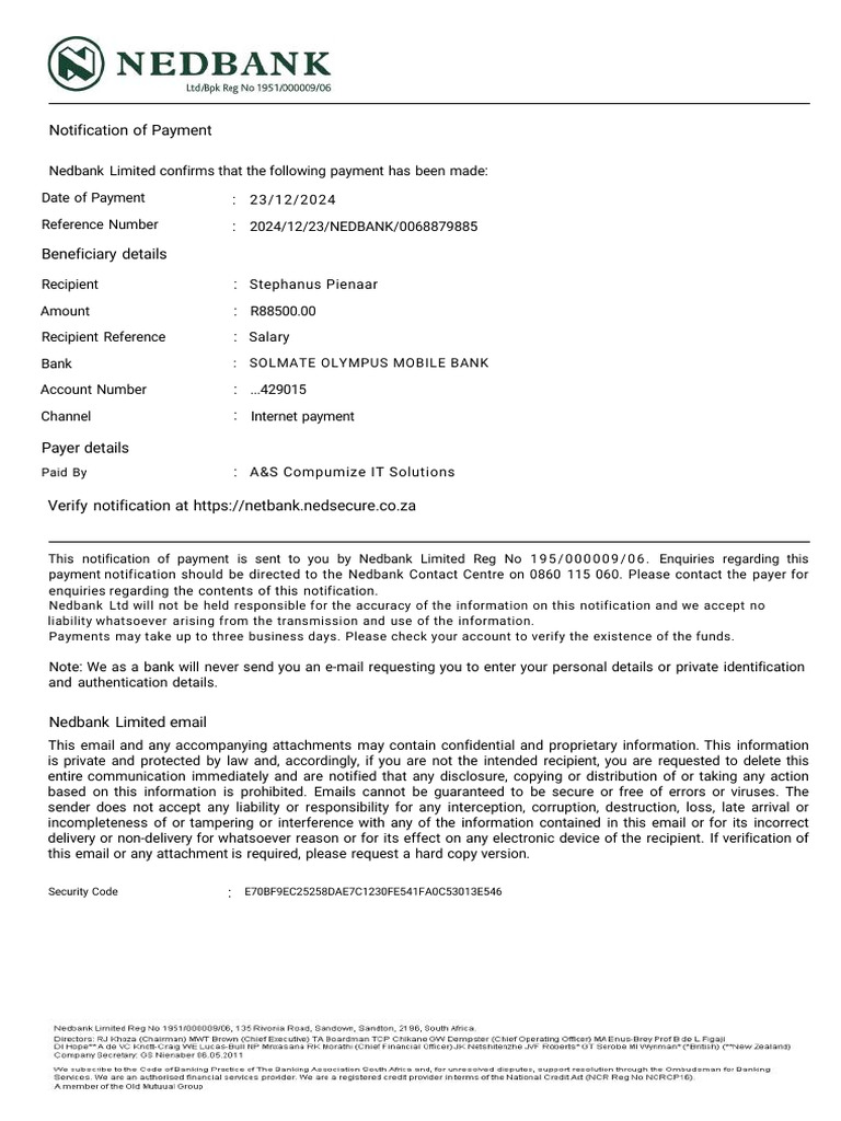 Nedbank Payment Confirmation Notice | PDF