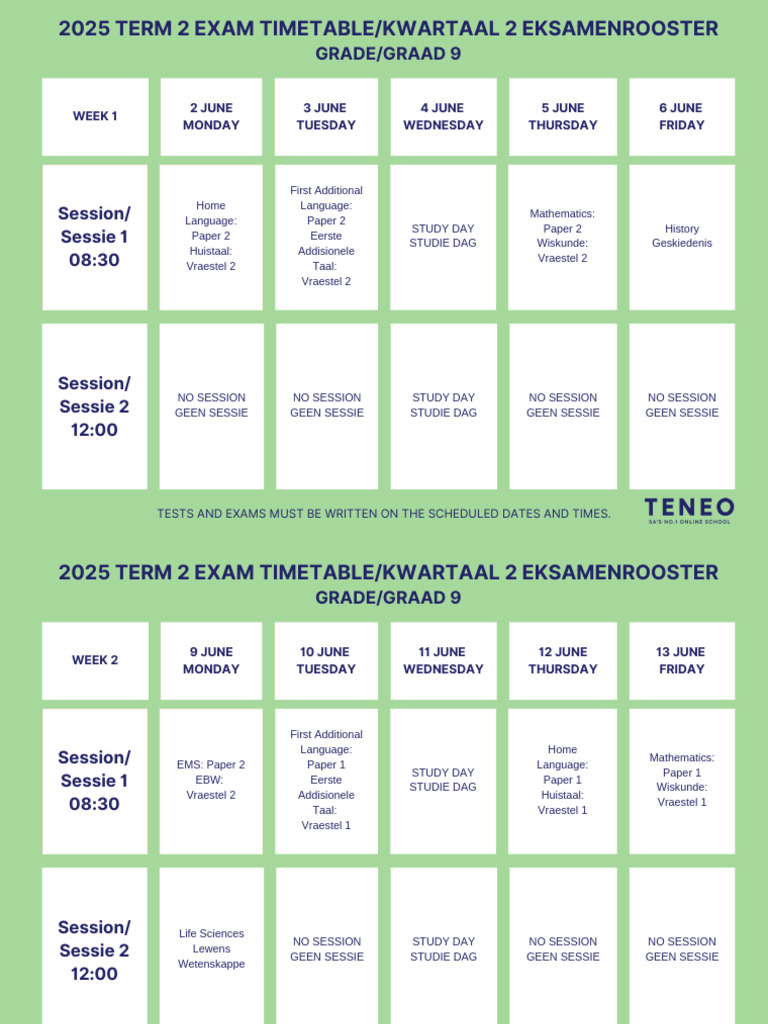 Exam Timetables Grade 9 - 4 | PDF