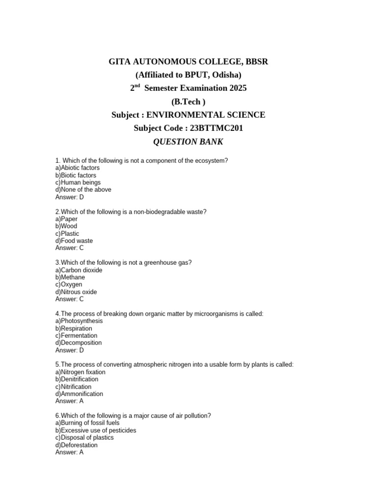 2nd Semister Environment 2025 CBT Exam | PDF | Ecosystem | Conservation ...