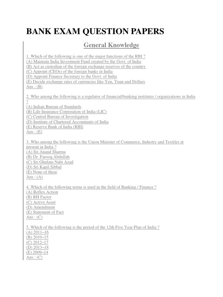 Bank Exam Question Paper | PDF | Economy Of India | Reserve Bank Of India