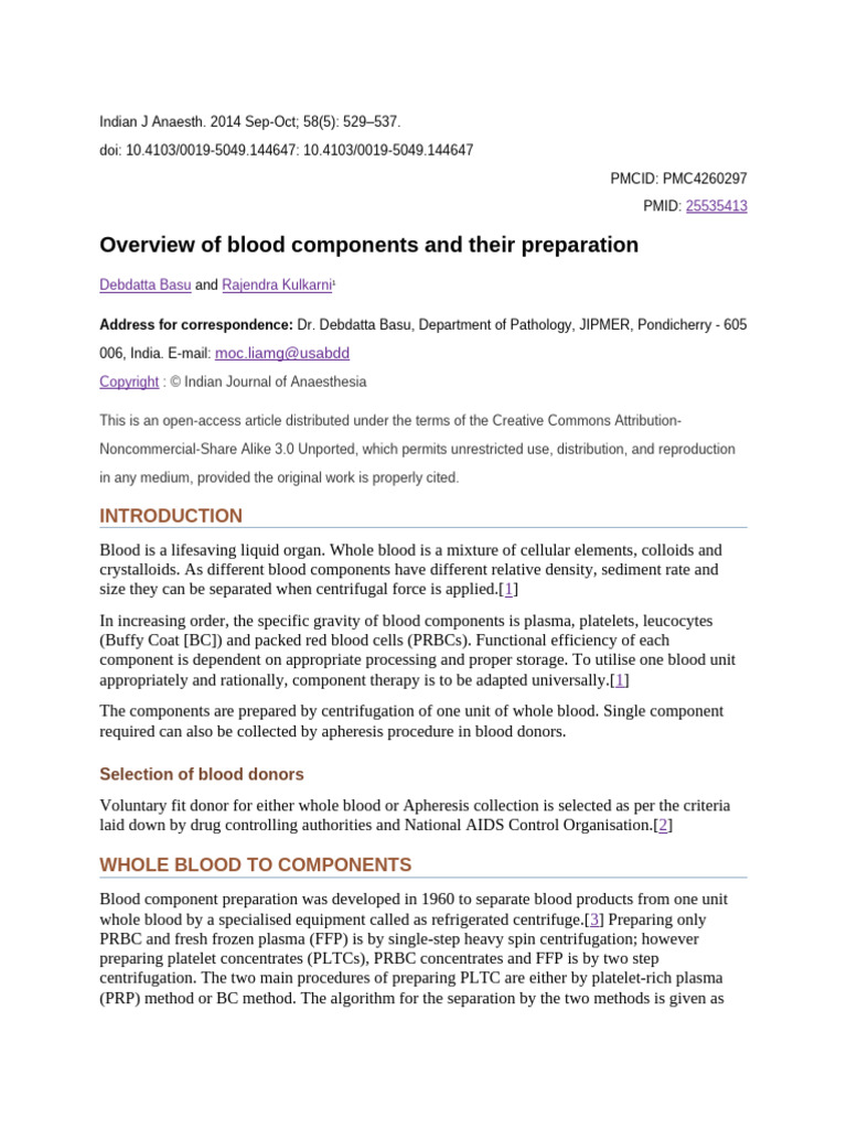 Overview of Blood Components and Their Preparation | PDF | Blood ...