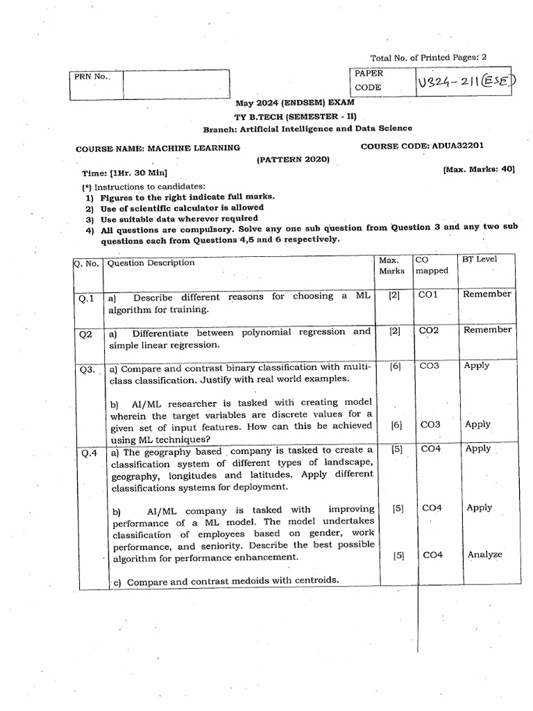 Machine Learning Sem II Pattern 2020 EndsemExam May2024 AIDS | PDF