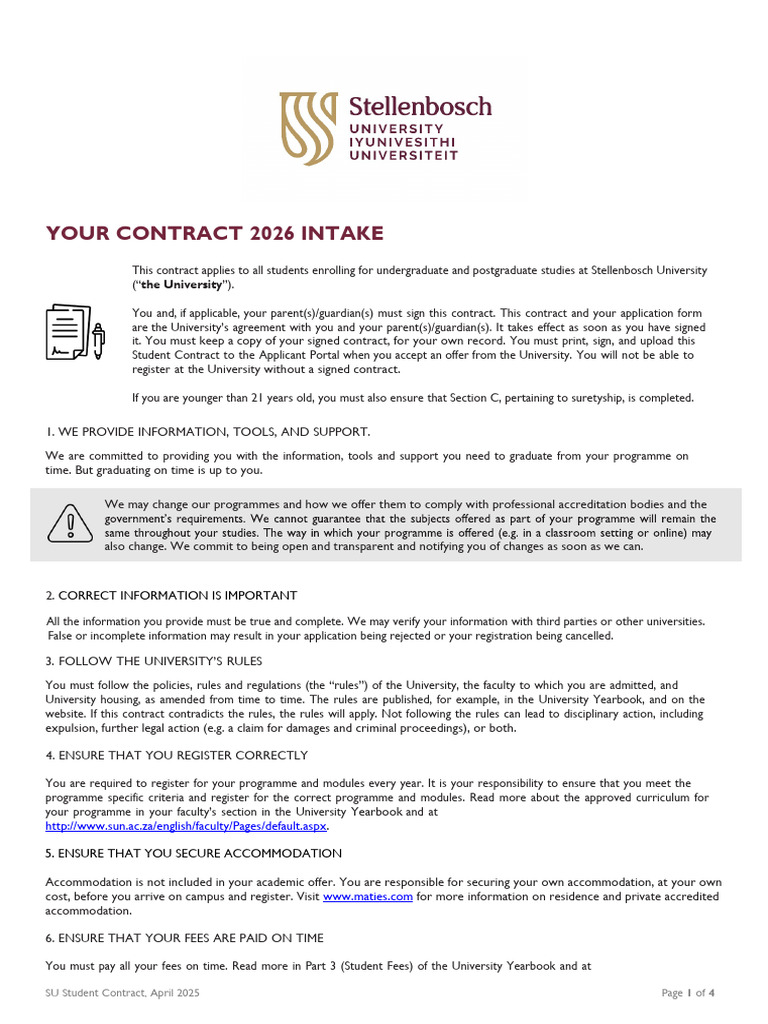 Stellenbosch University Student Contract 2026 | PDF | Infection ...