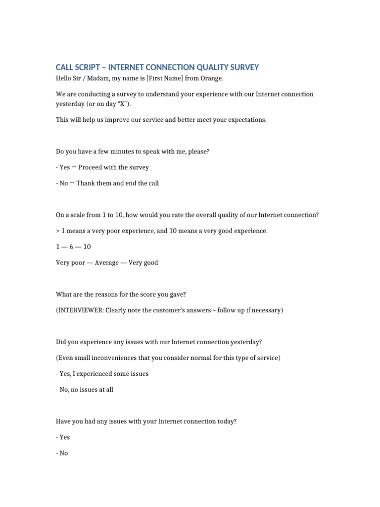 Internet Connection Quality Survey Script EN | PDF