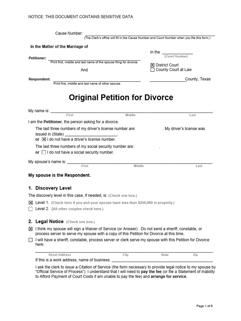 Original Petition For Divorce (Set A) | PDF | Service Of Process | Divorce