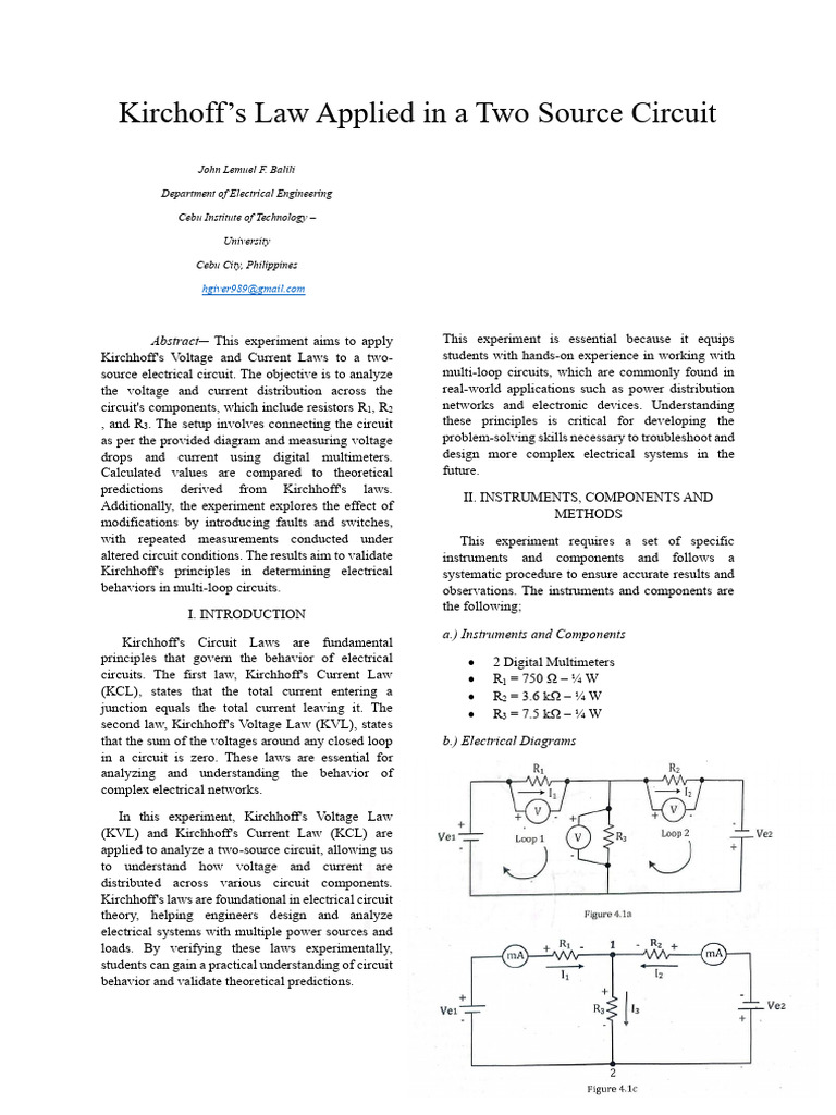 Kirchoff’s Law Applied in a Two Source Circuit (Experiment #2 BALILI) | PDF | Voltage ...