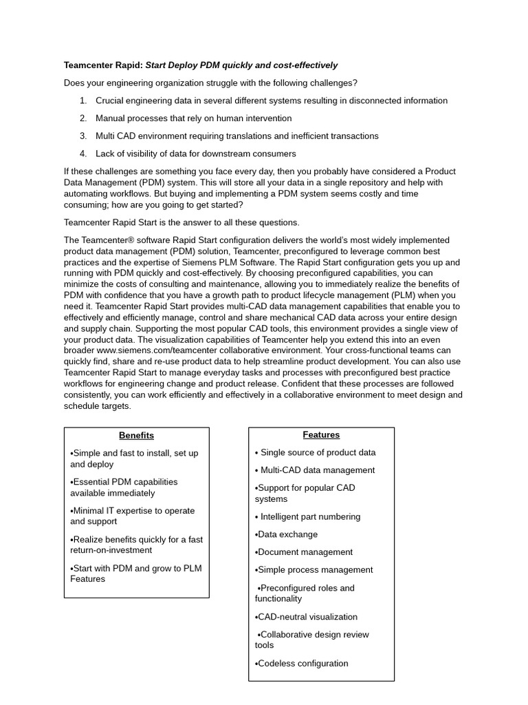 Teamcenter Rapid Start for PDM Solutions | PDF | Product Lifecycle ...